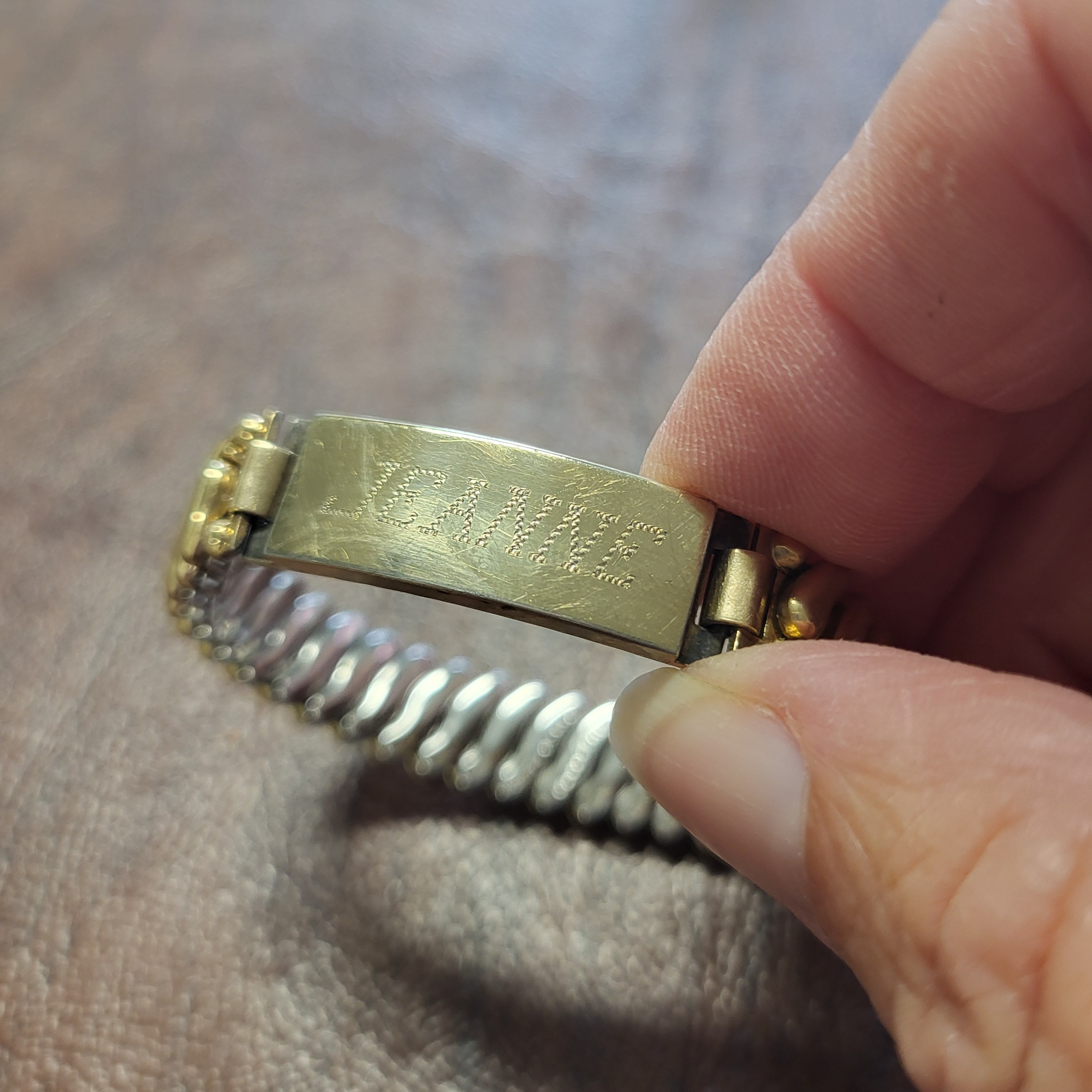 Vintage Pitman Keeler Overhand ID Bracelet Silver Tone Base Stretch Bracelet w Gold Filled Layer MonogrammedJeanne and Love Joe Etsy