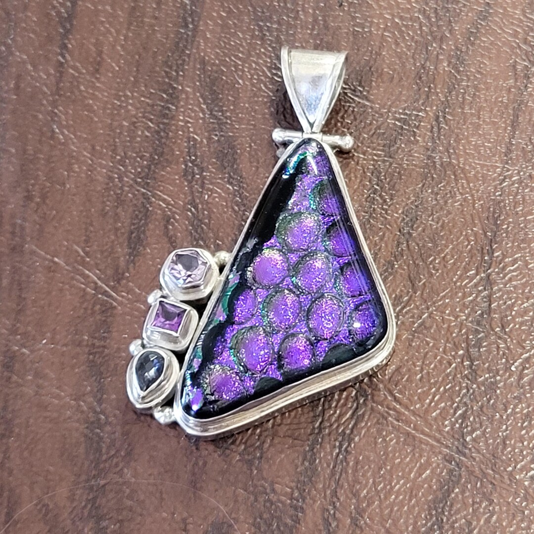 Vintage Artisan Sterling Silver Dichroic Glass and Gemstone Pendant ...