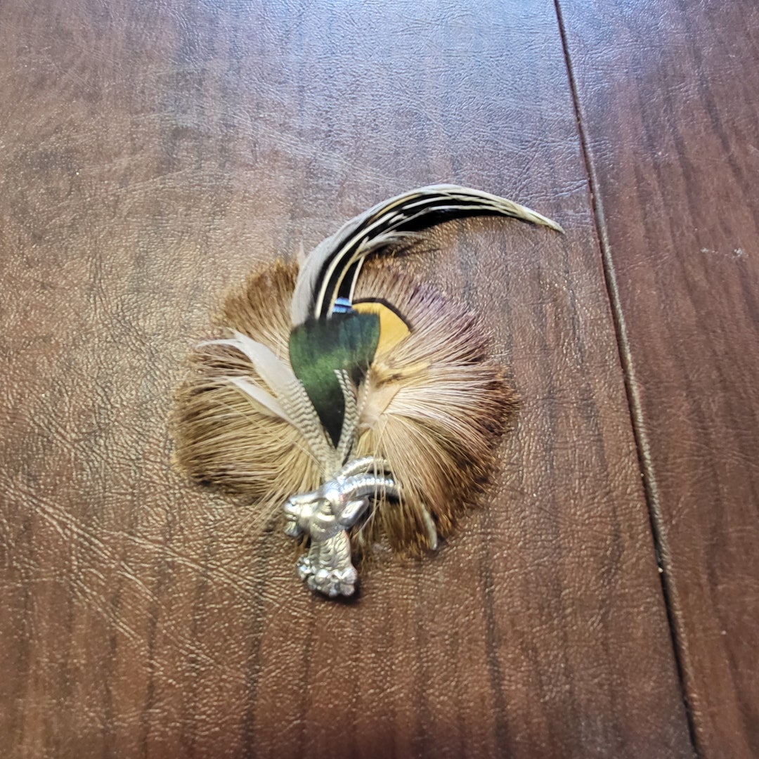 German Boar's Hair and Pheasant Feather Hunting Pin, Vintage Tyrolean ...