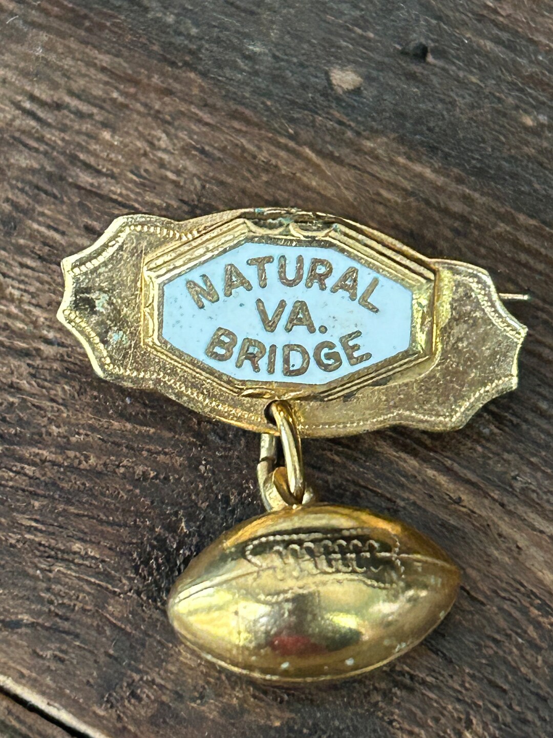 Natural Bridge, VA Vintage Enamel & Gold Tone Dangle Football Brooch ...