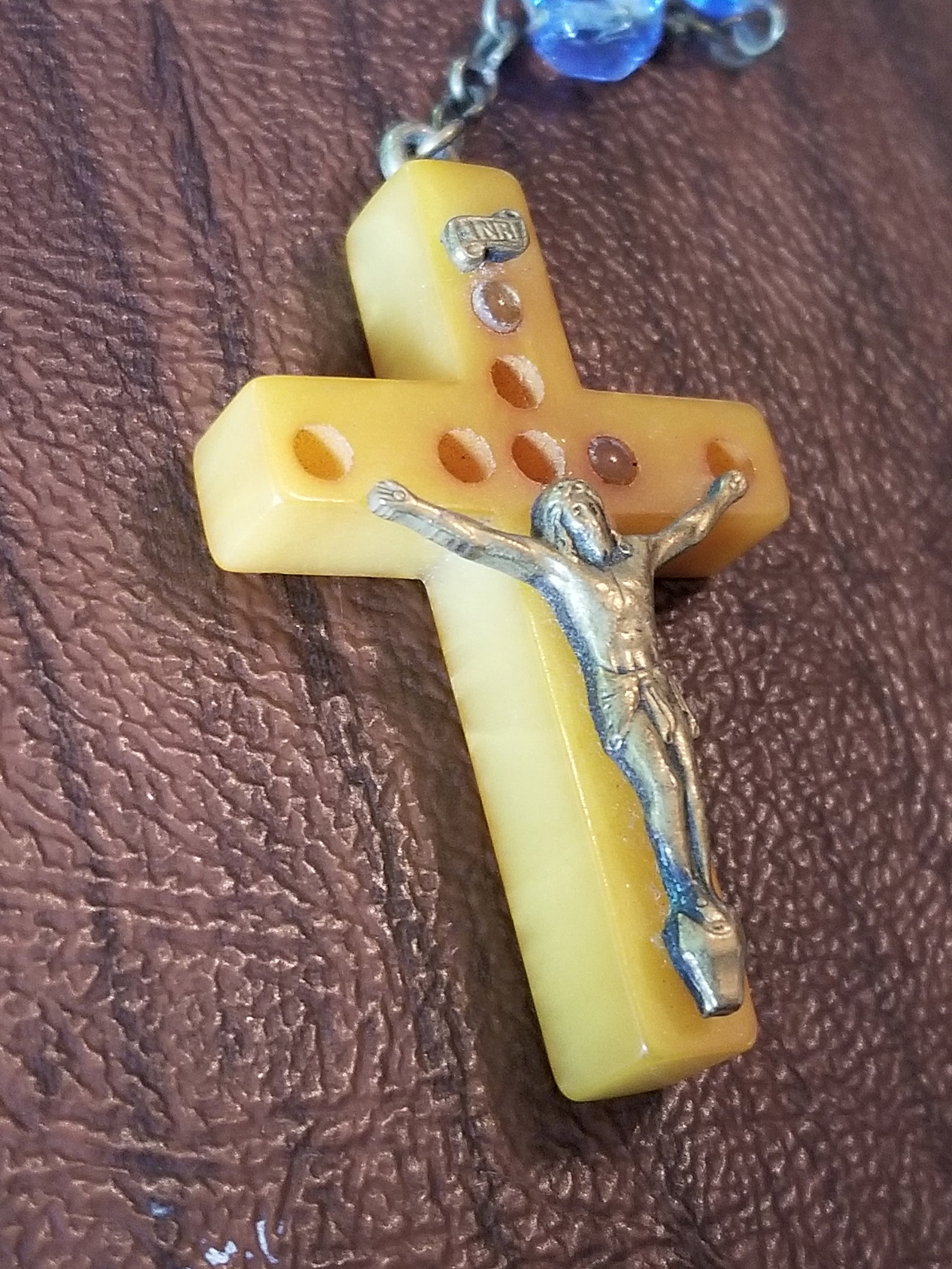 Vintage Glass Bead Rosary With Bakelite Stanhope Crucifix, Blue Glass ...