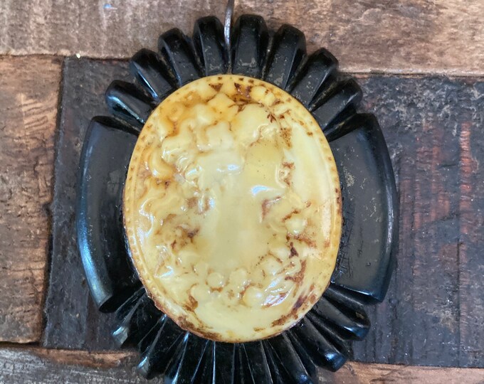 Large Vintage Edwardian Style Carved Whitby Jet Cameo Pendant, Mourning ...