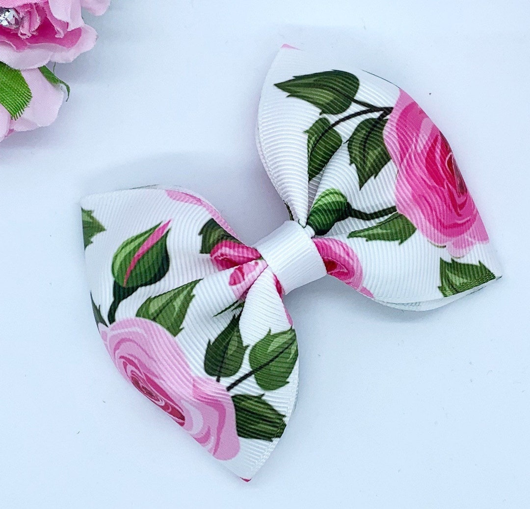 Summer Vibes Pink Roses Floral Hair Bow, 4 Inch Tux Bow Clip or Bobble ...