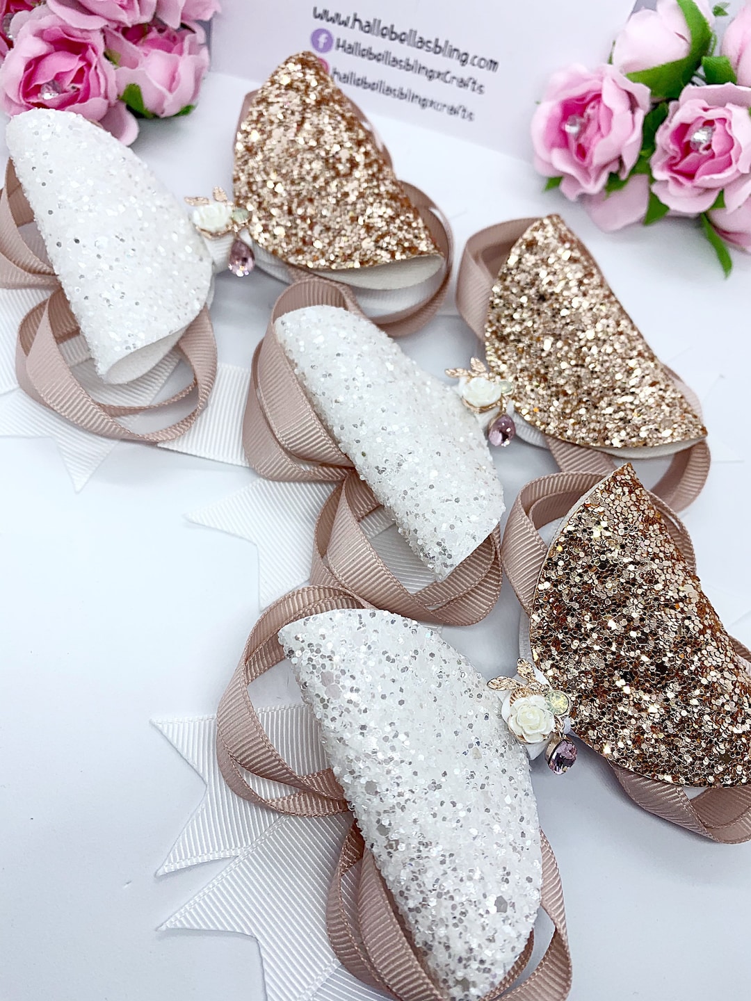 Rose Gold Glitter Hair Bow: White Ribbon Clip, Baby Girl Gift - Etsy
