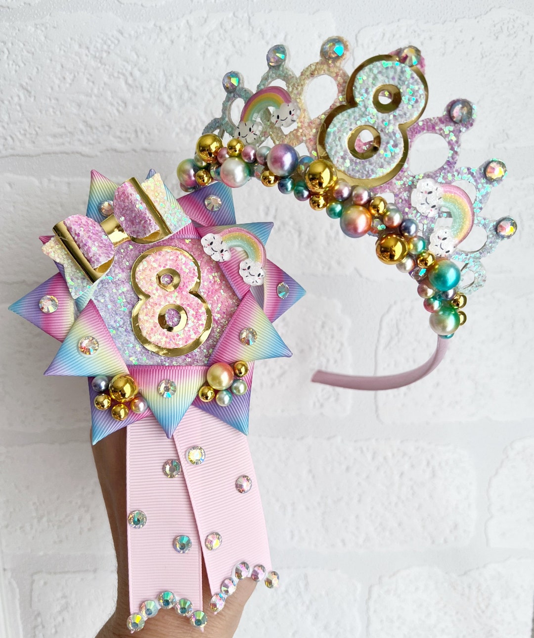 Rainbow Birthday Crown: Gold Pearls, Resin Rainbows, Party Tiara - Etsy