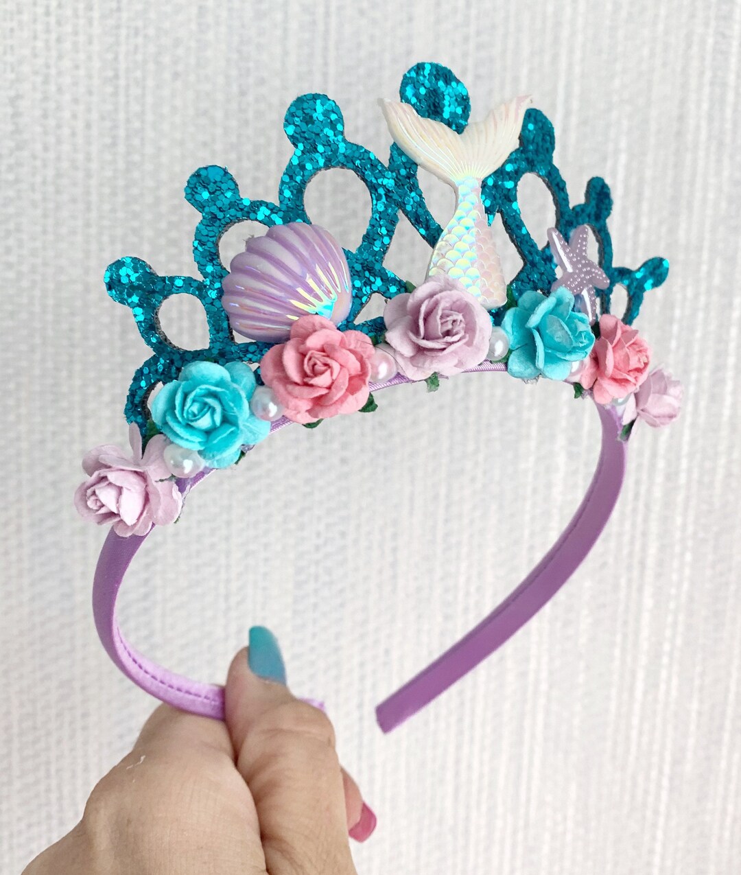 Mermaid Birthday Tiara: Teal Glitter Crown, Lilac & Pink Flowers - Etsy
