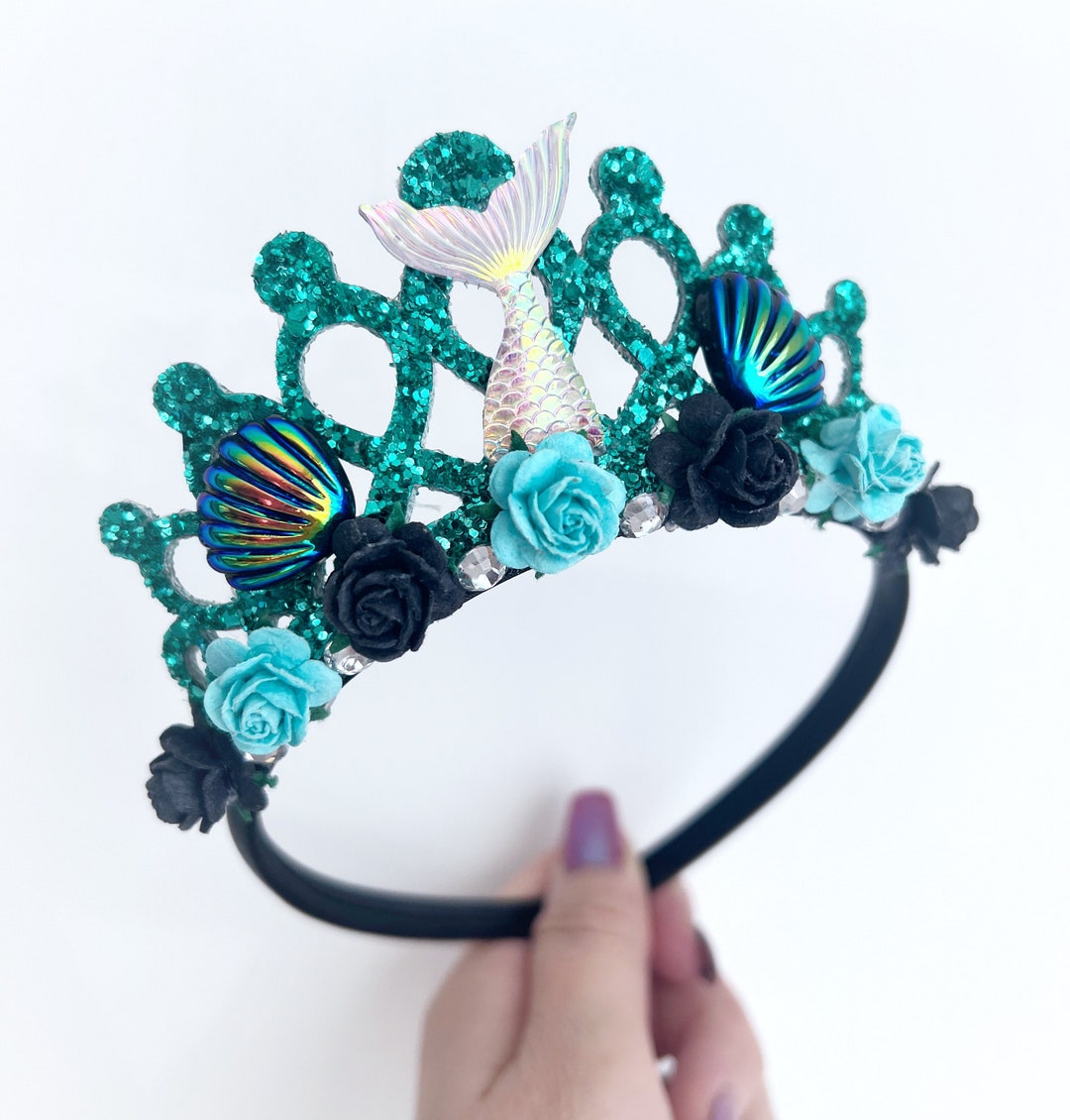 Mermaid Birthday Tiara Crown: Teal Glitter, Seashells & Flowers - Etsy