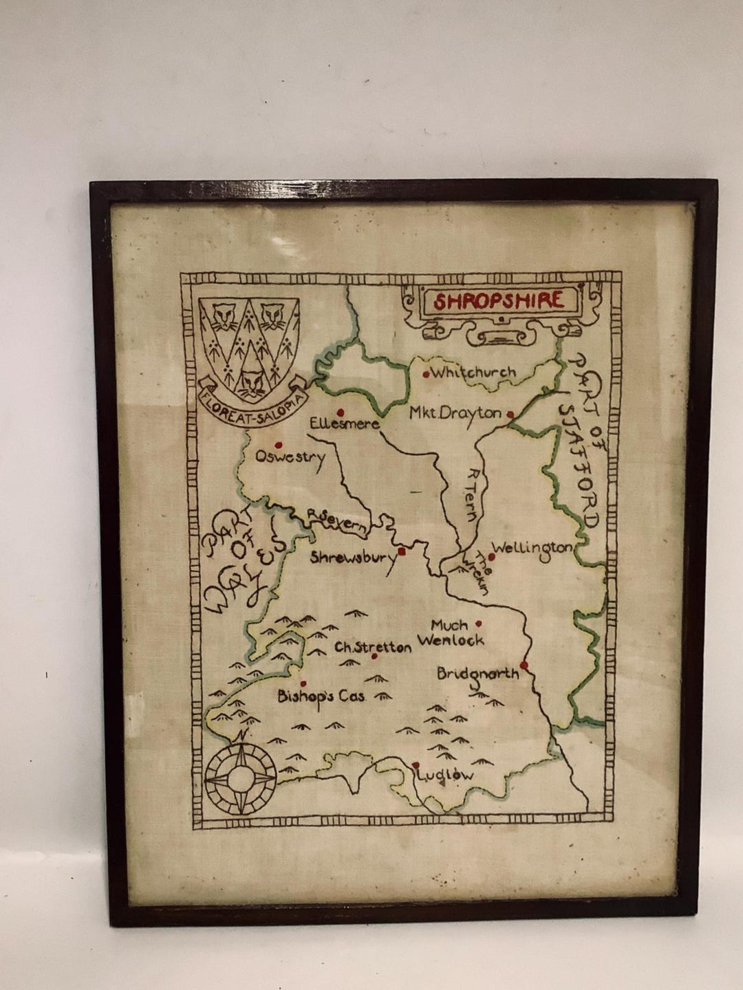 Antique 1700’s Hand-embroidered Framed English Linen Map of Shropshire ...