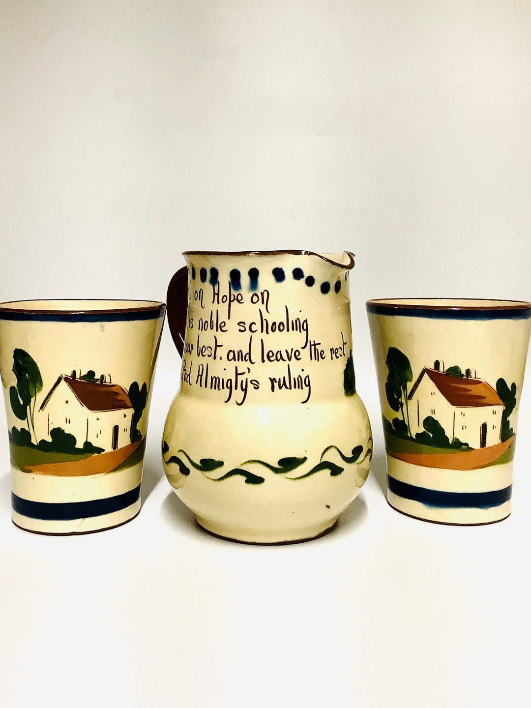 Set of 3 DEVON MOTTO WARE Items Including 2 Mugs & a Custard Jug With ...