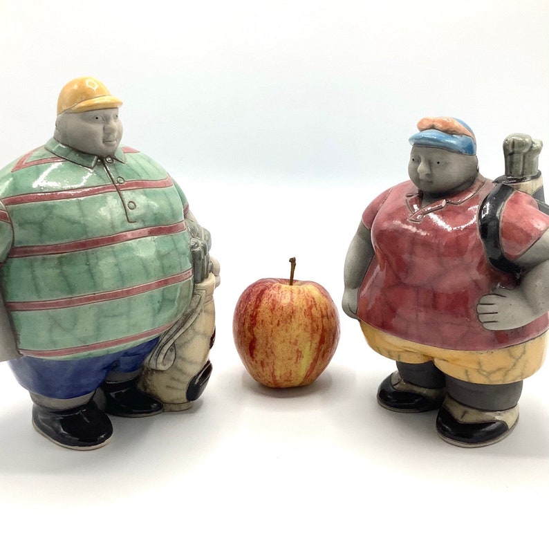 TREMENDOUS! 2 Hand-made Studio Pottery Clay Golfing Figures / Whimsical ...