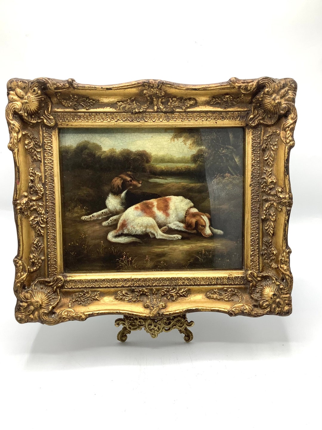 Fine Antique Oleograph Study of Two English Pointer Dogs in an Ornate ...