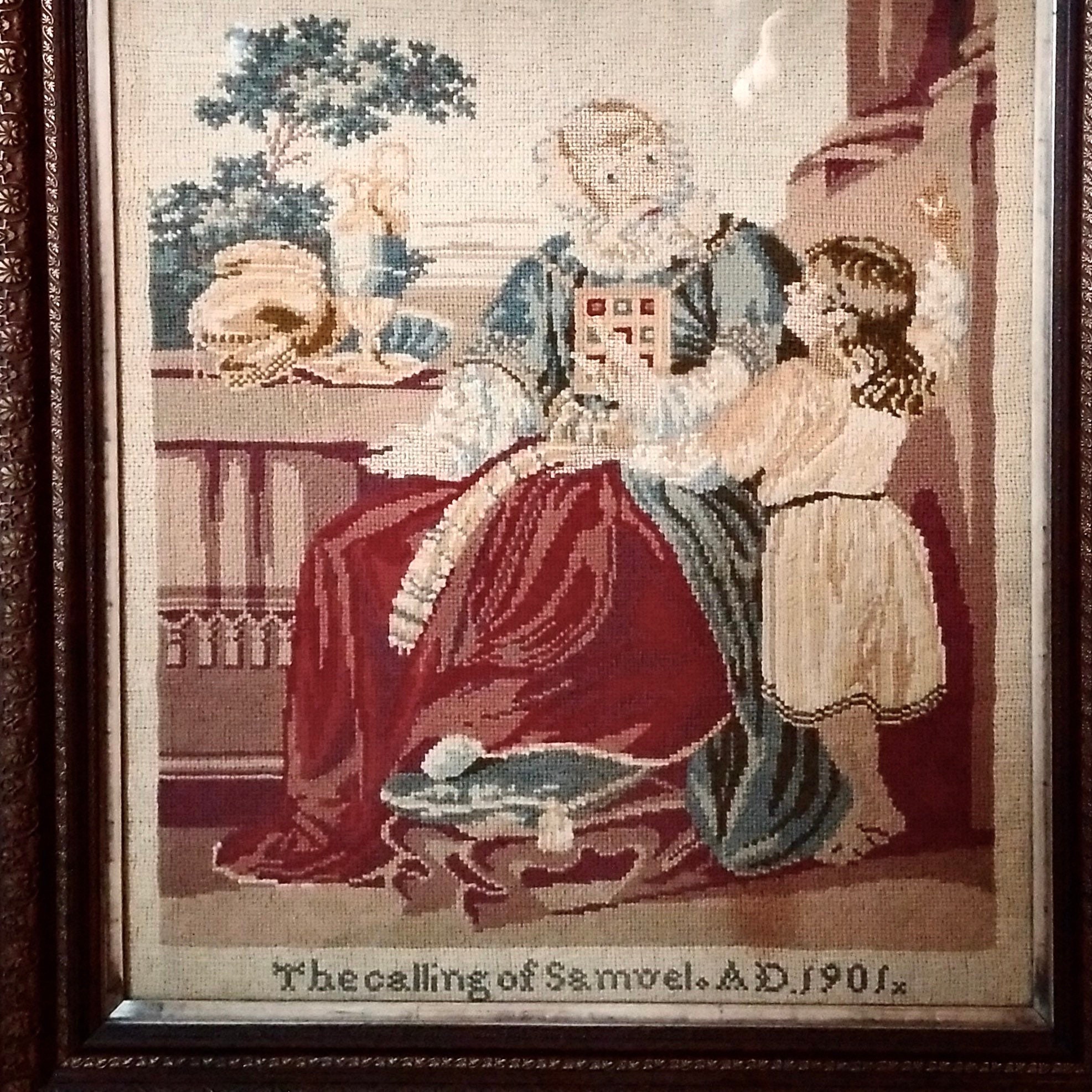 HUGE Impressive “CALLING of SAMUEL” Needlework Tapestry Dated 1901 in ...
