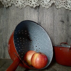 FRENCH ENAMEL SET of Colander & Pan, Shabby-chic Props for Café, Bistro ...
