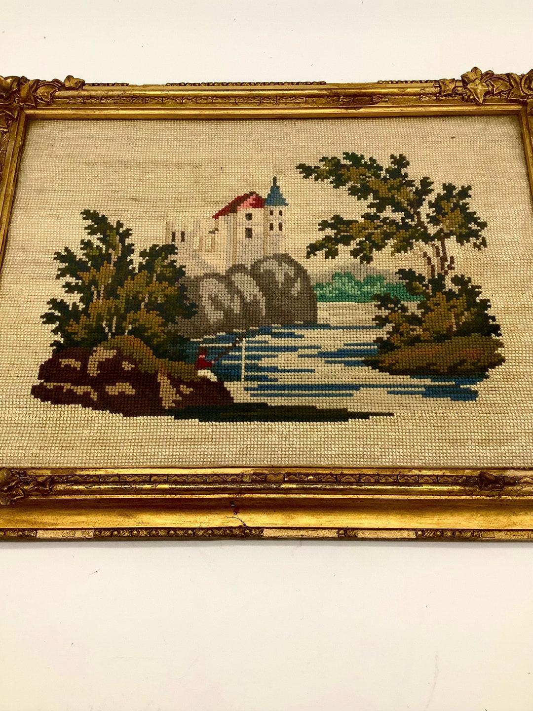 Victorian French 19th Century Cross Stitch Under Glass in an Antique ...