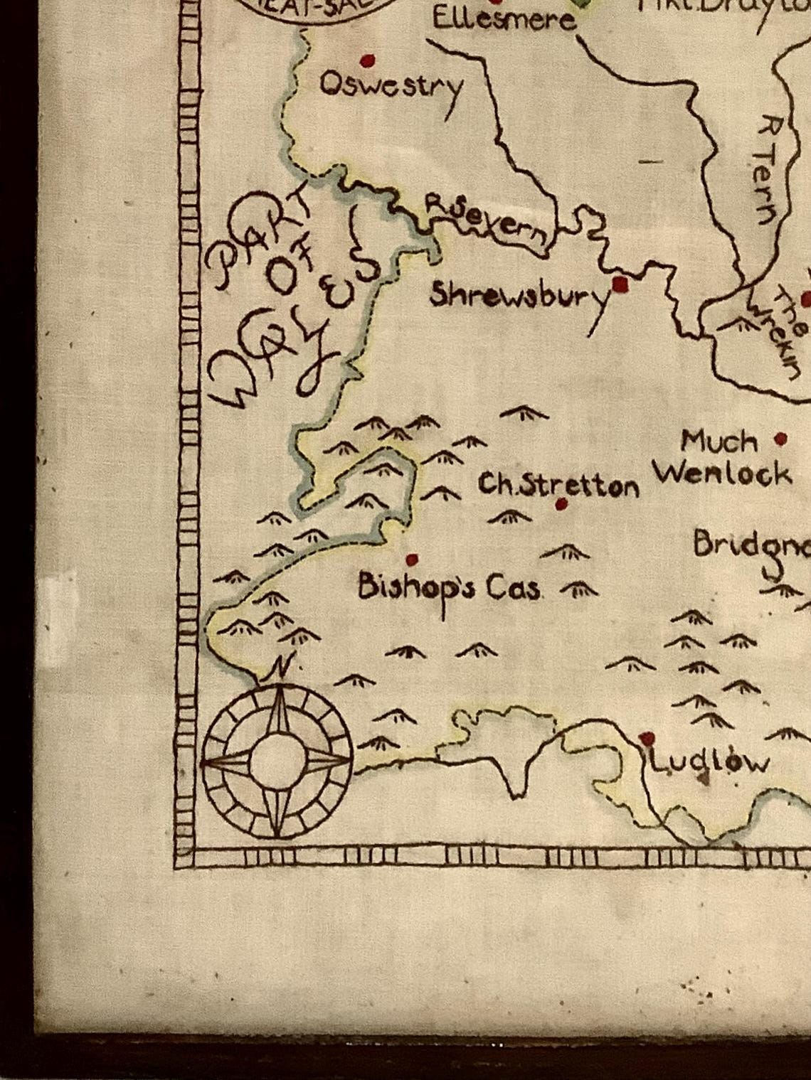 Antique 1700’s Hand-embroidered Framed English Linen Map of Shropshire ...