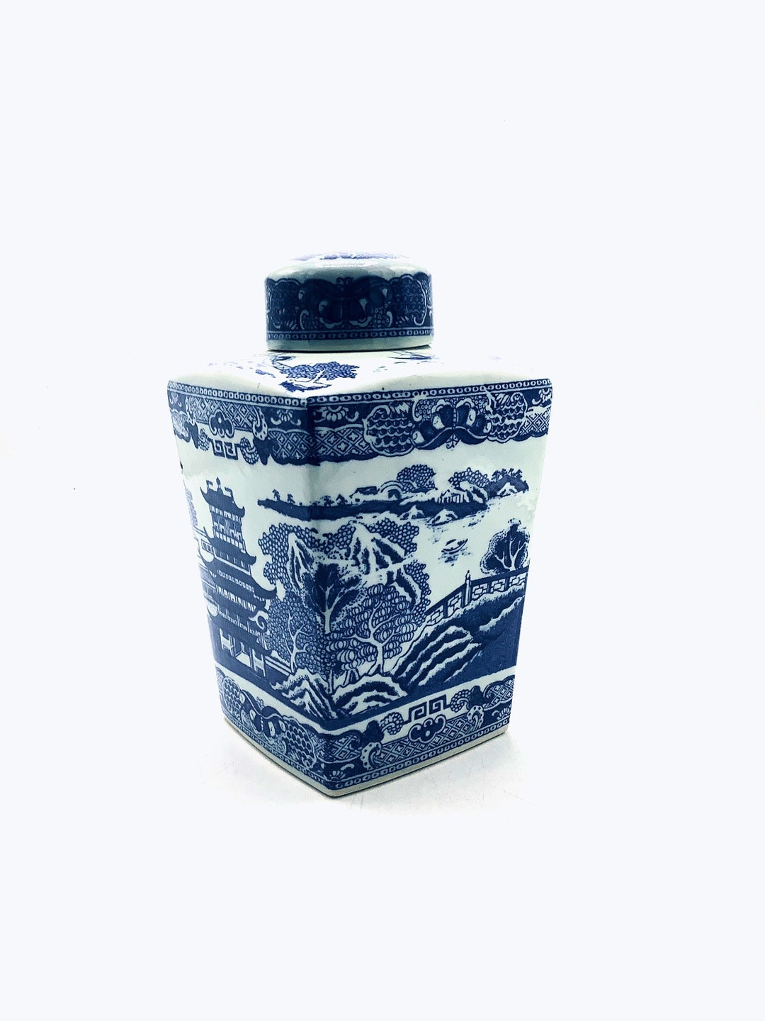 Ringtons Large Square Pagoda Tea Caddy “two Temples” Pattern / Early ...
