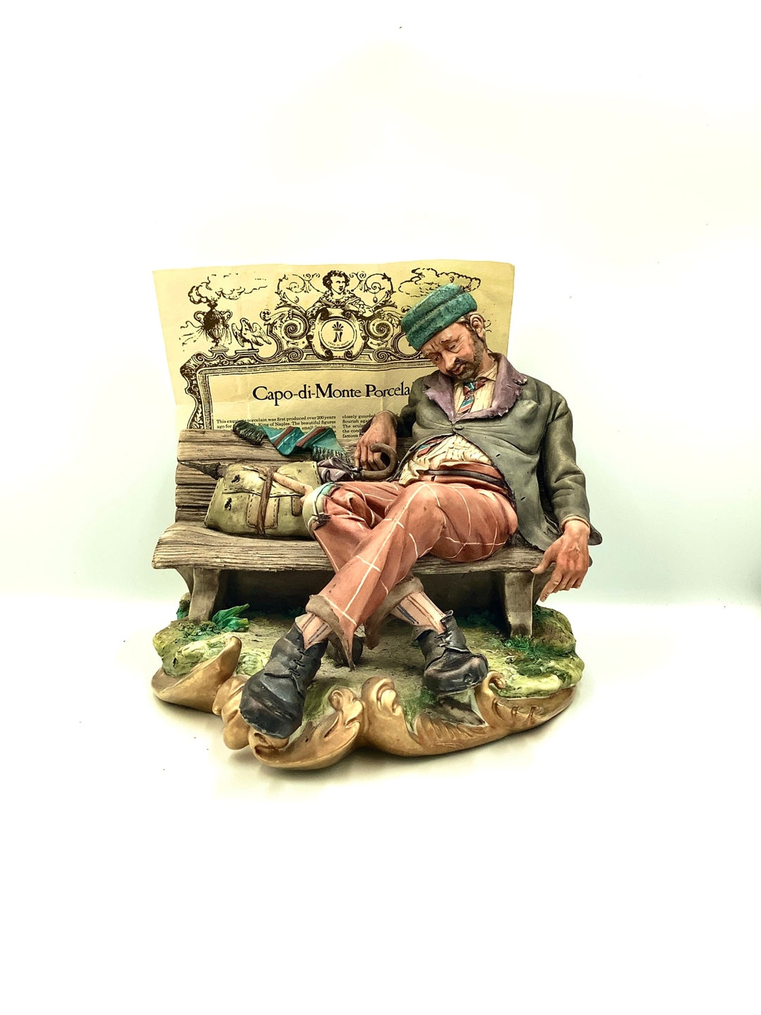 Extra Large CAPODIMONTE “tramp Resting on a Bench” Signed VARTA With ...