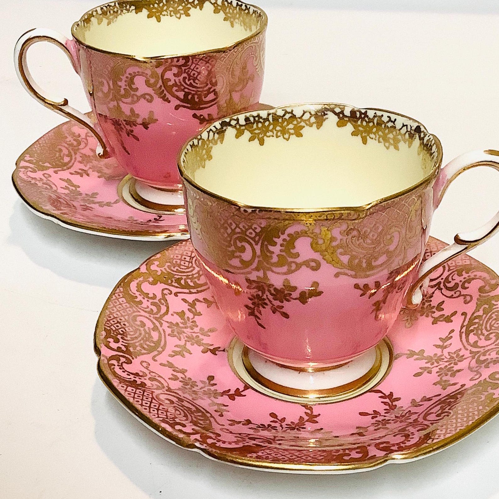 Pair of Dainty PARAGON PINK & GOLD Lustre Tea Cups and Saucers With ...