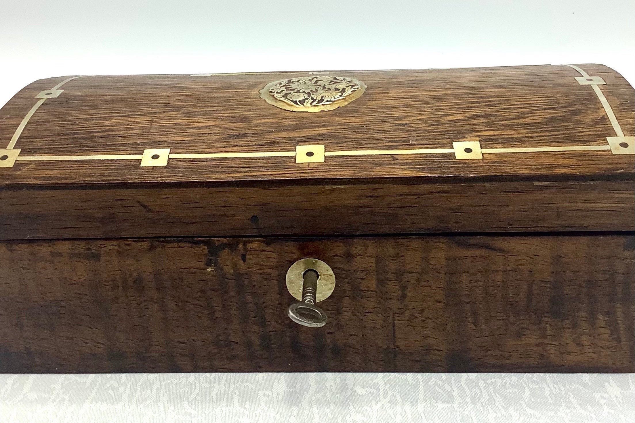 Victorian Wooden Box With Inlaid Brass Decoration & Original | Etsy