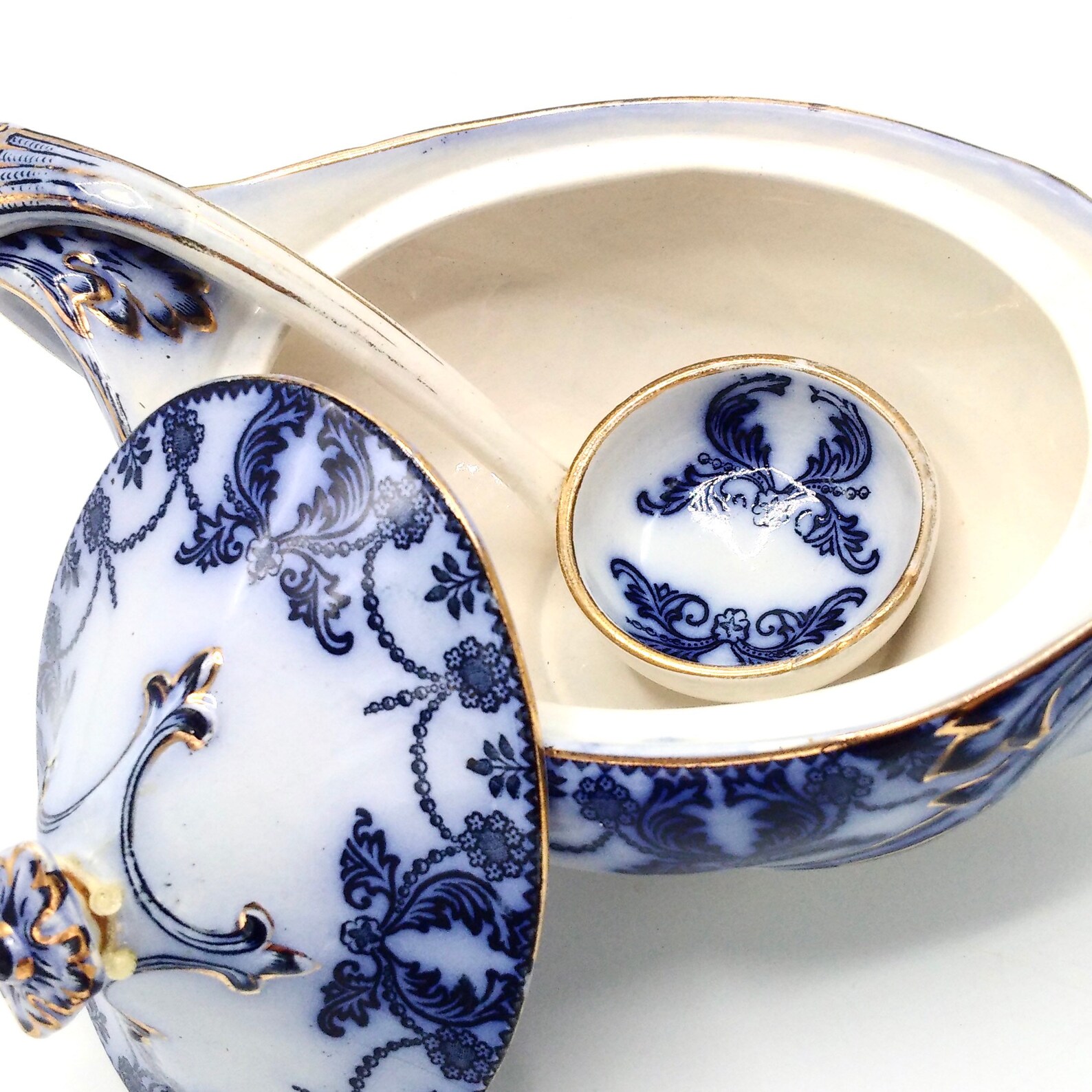 Rare! Antique 5-piece Set “VENUS” FLOW BLUE Tureen, Saucière, Covers ...