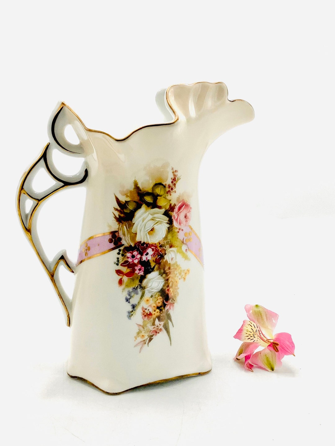 Antique Porcelain Jug With Ornate Handle and Furled Collar / Unusual ...