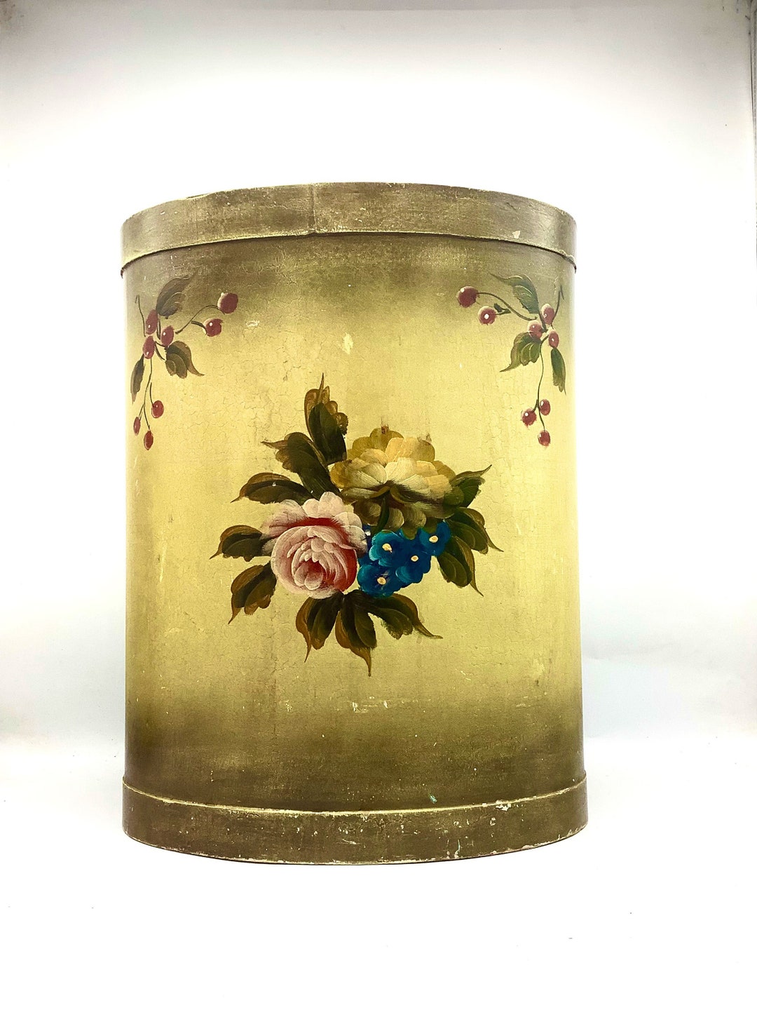 Magnificent Antique Hand-painted Tole Wood Waste Paper Basket ...