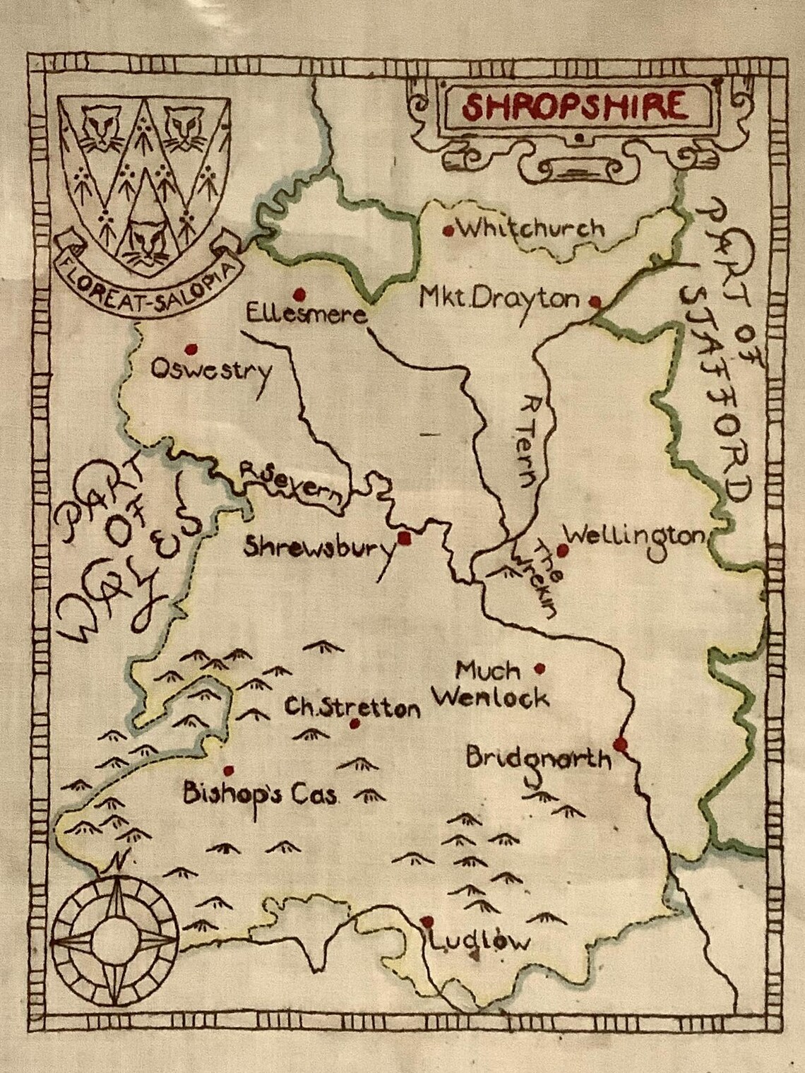Antique 1700’s Hand-embroidered Framed English Linen Map of Shropshire ...