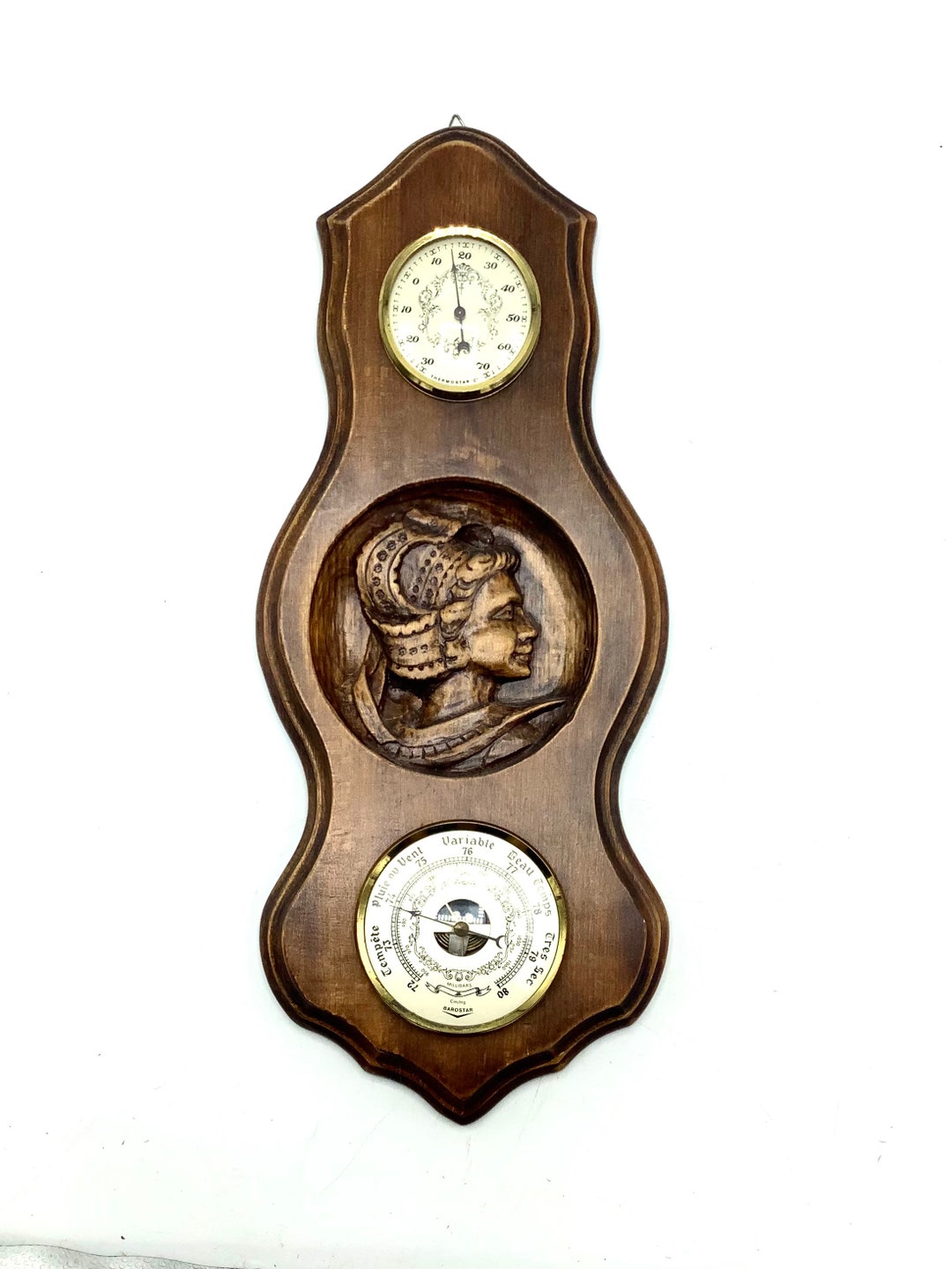 French Hand Carved Wood Barometer by Barostar / Dual Thermometer ...