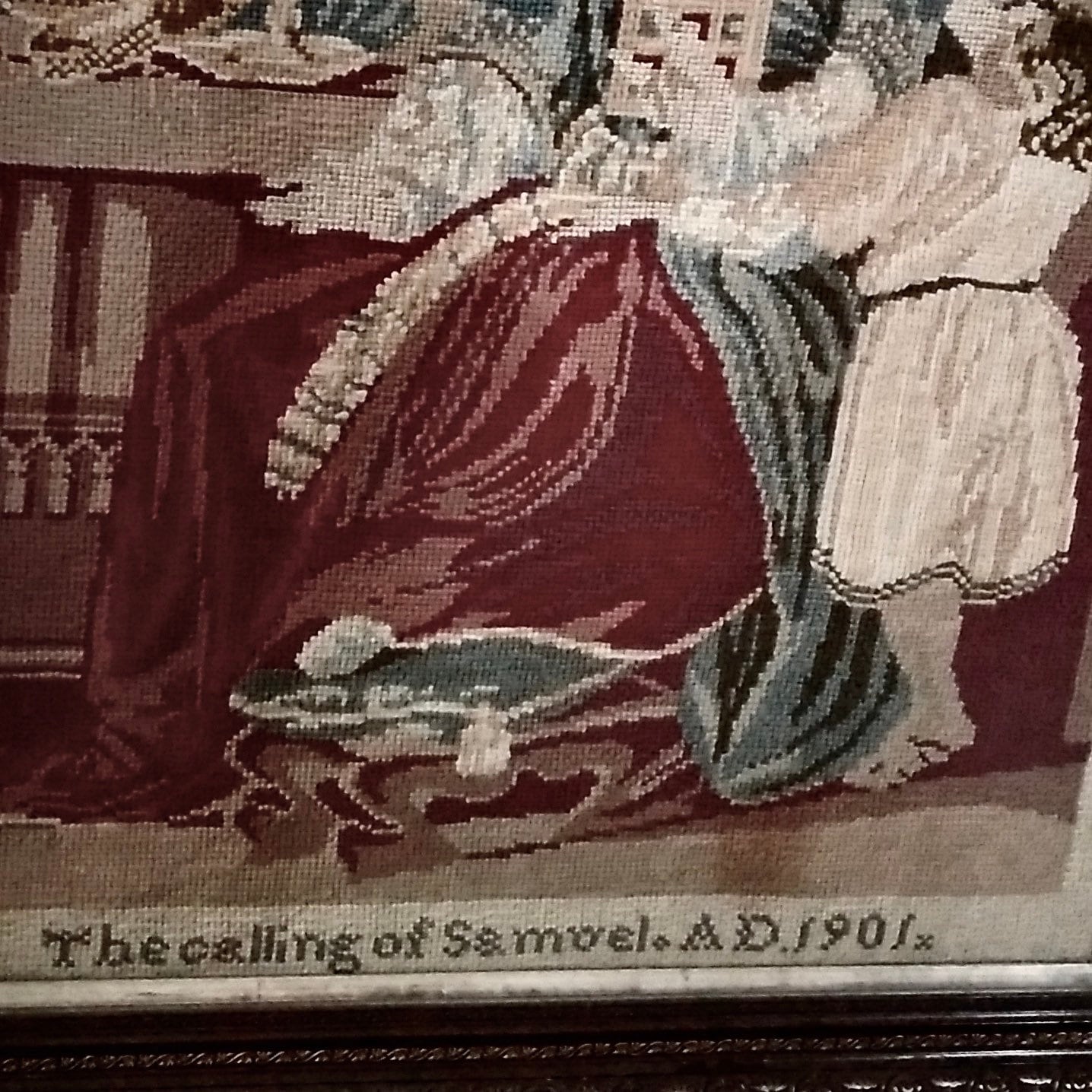 HUGE Impressive “CALLING of SAMUEL” Needlework Tapestry Dated 1901 in ...