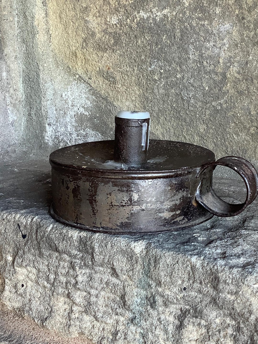 A Late Georgian Iron Canister-form Tinder Box Candlestick With Original ...