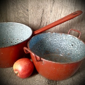 FRENCH ENAMEL SET of Colander & Pan, Shabby-chic Props for Café, Bistro ...