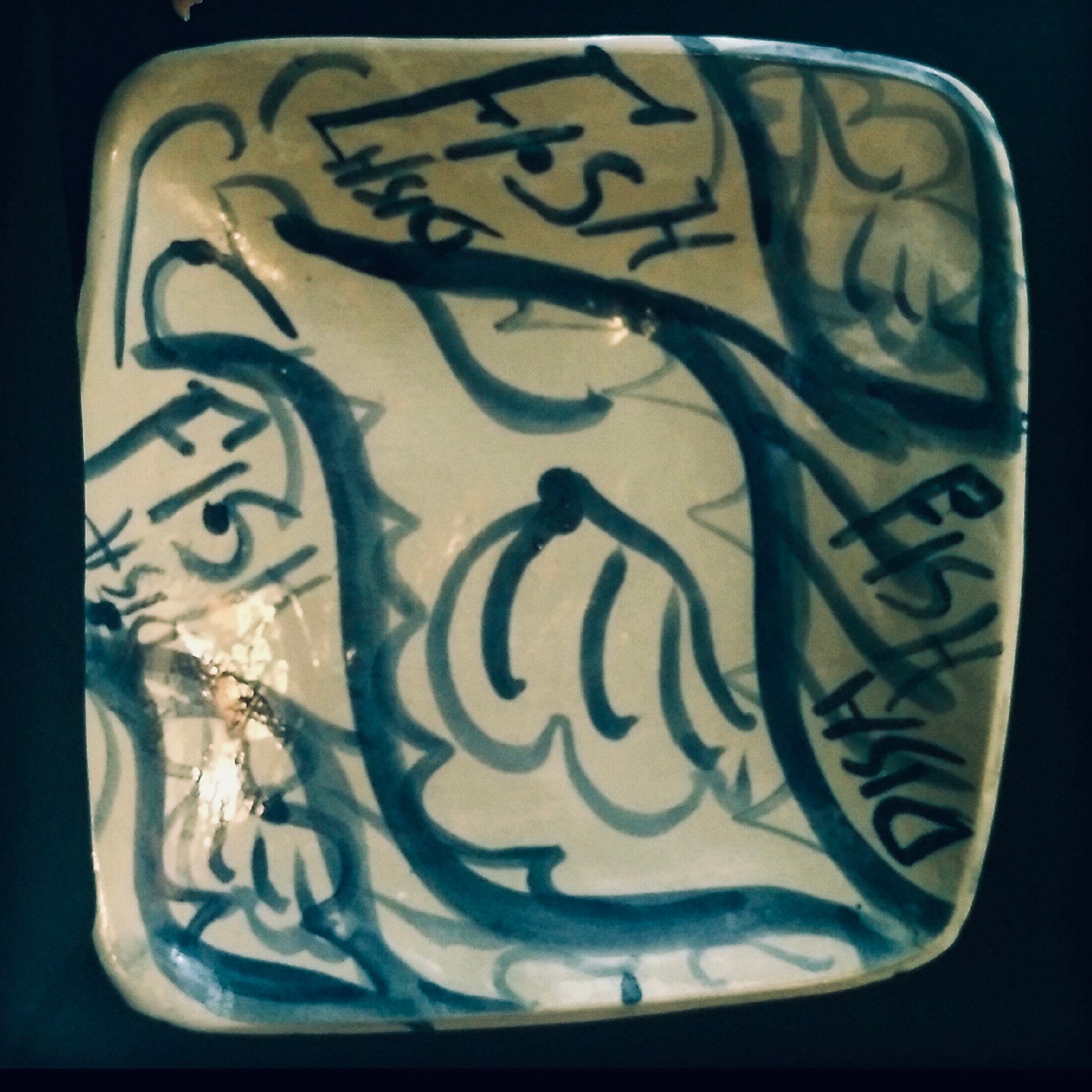 English Studio Pottery Graffiti Artwork Dish / Blue & White Kitchenalia ...