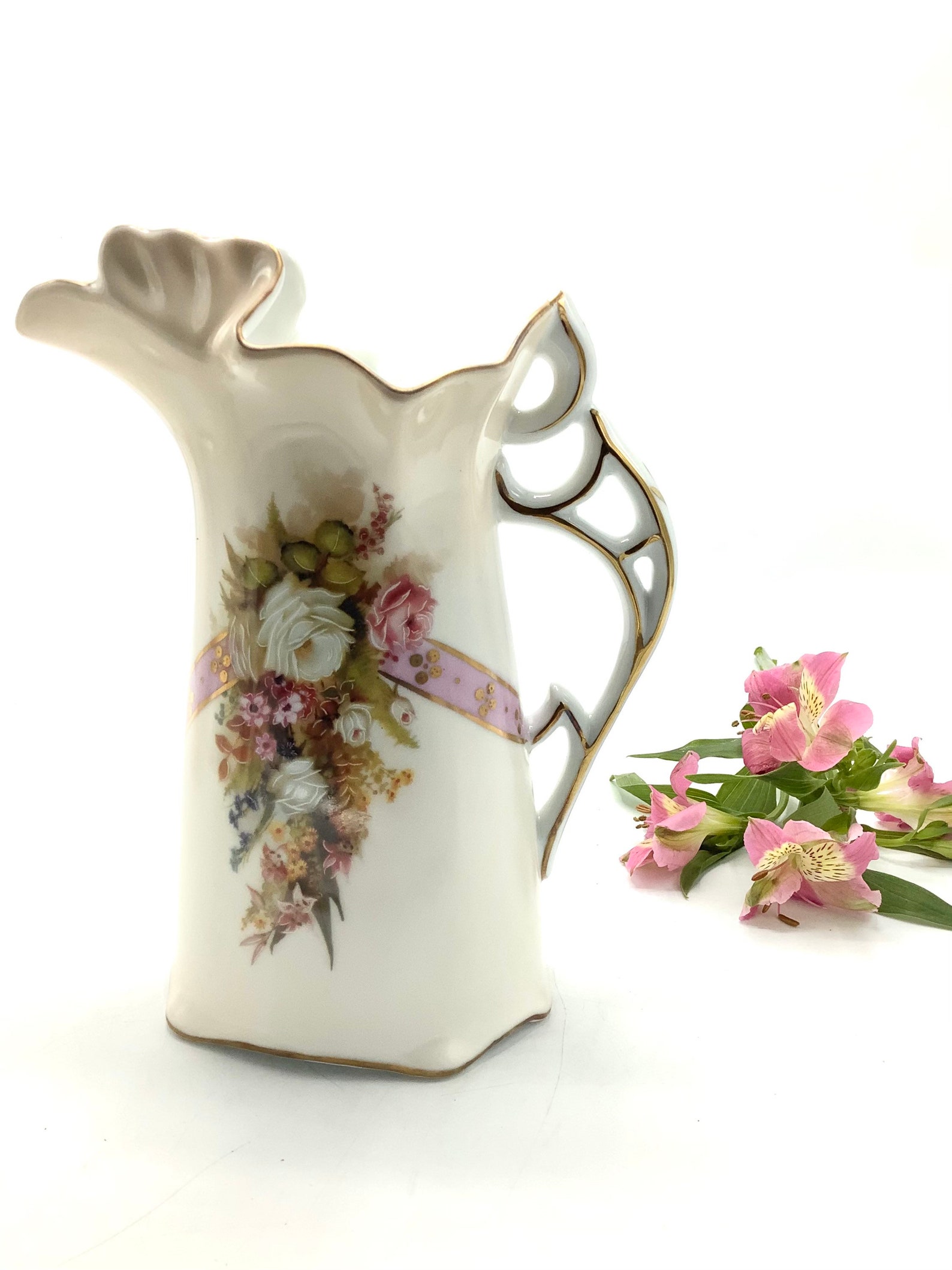 Antique Porcelain Jug With Ornate Handle and Furled Collar / - Etsy UK