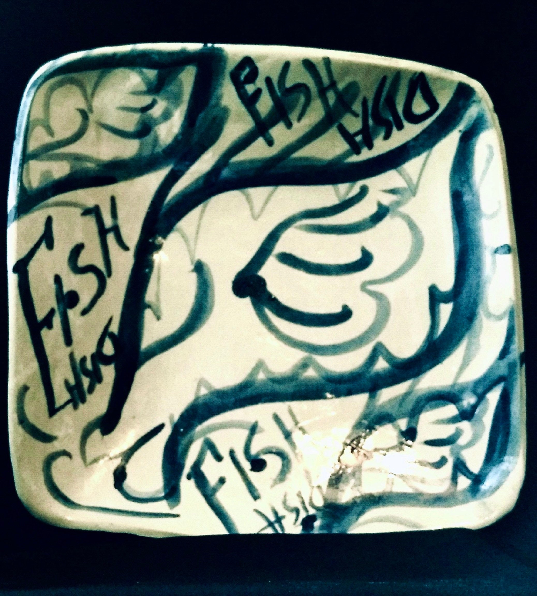 English Studio Pottery Graffiti Artwork Dish / Blue & White Kitchenalia ...