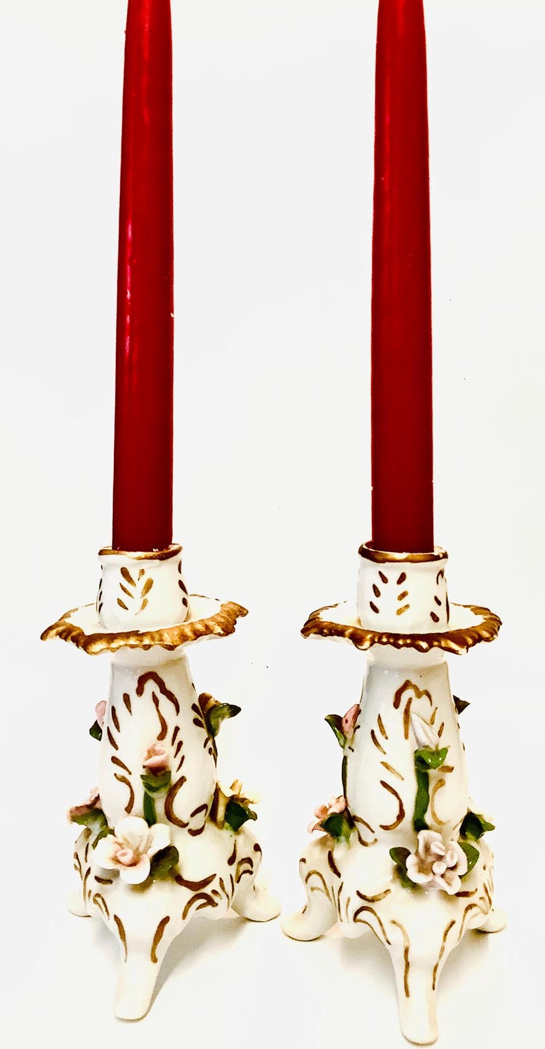 A Beautiful Pair of Early 1900’s Dresden Floral-encrusted Candleholders ...