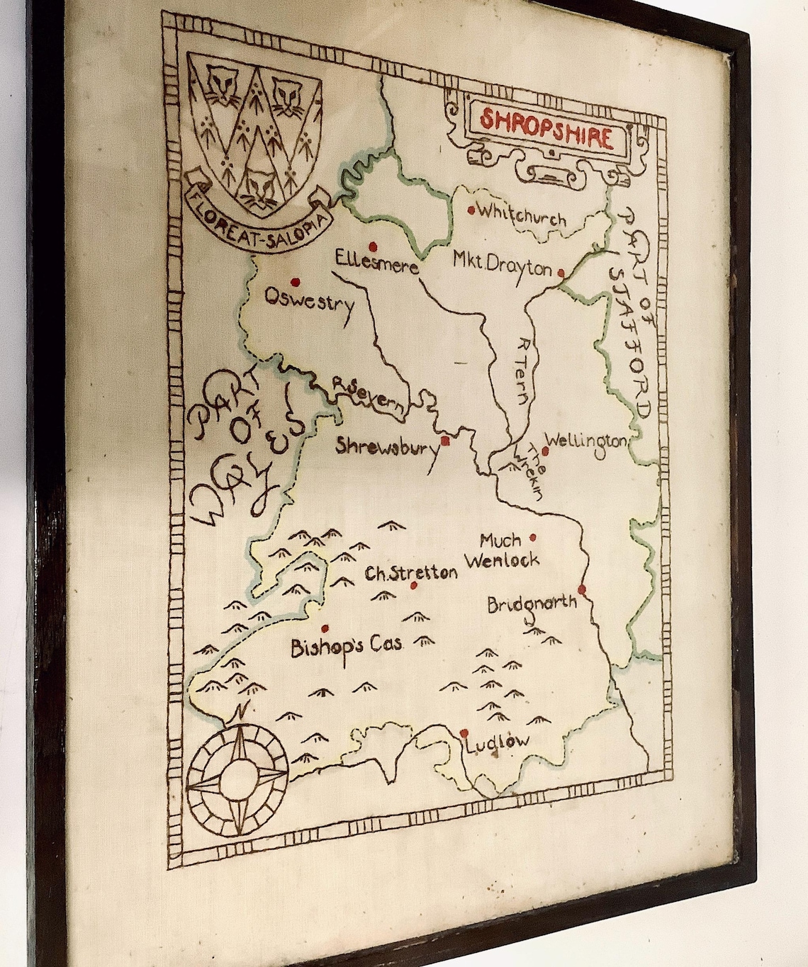 Antique 1700’s Hand-embroidered Framed English Linen Map of Shropshire ...