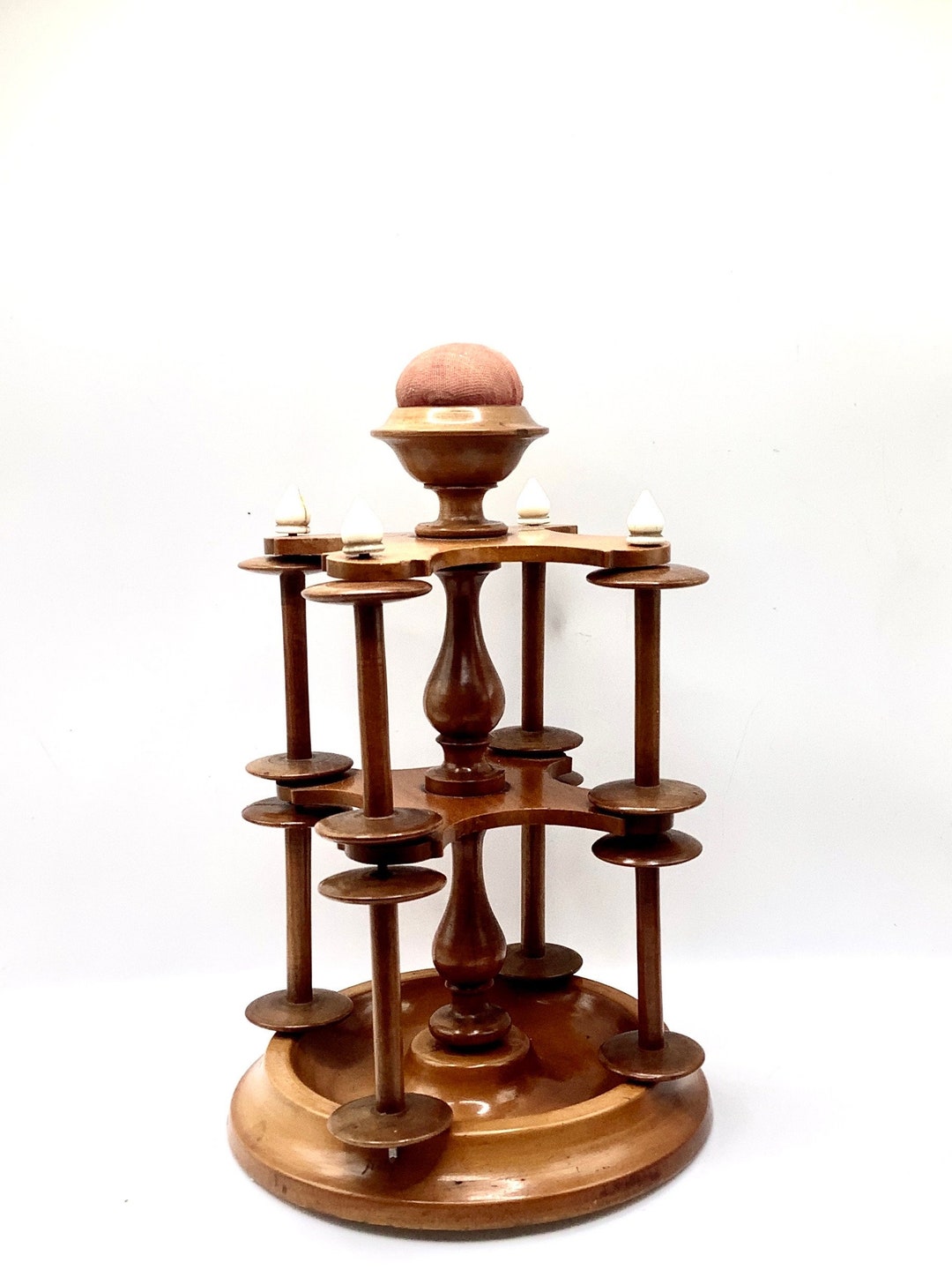 Antique 19th Century Wooden Bobbin Holder With Pincushion/ Victorian ...