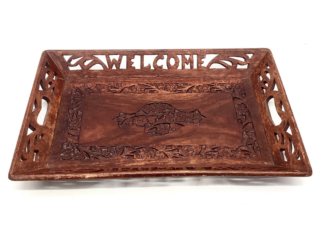 Vintage “WELCOME” Carved Wooden Bread Basket / Antique Style Desk or ...