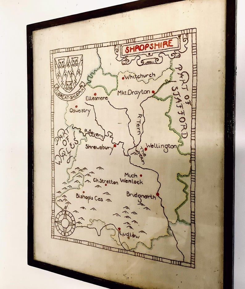 Antique 1700’s Hand-embroidered Framed English Linen Map of Shropshire ...