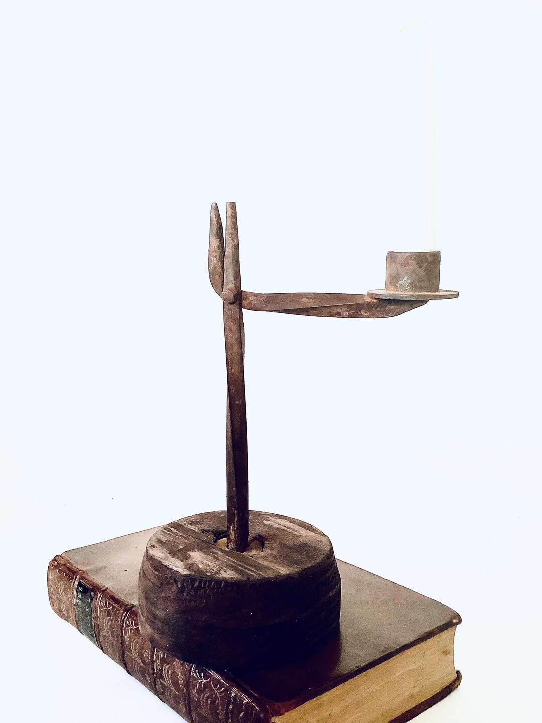 18th Century Hand-forged Wrought Iron Rush Light Candle Holder on an ...