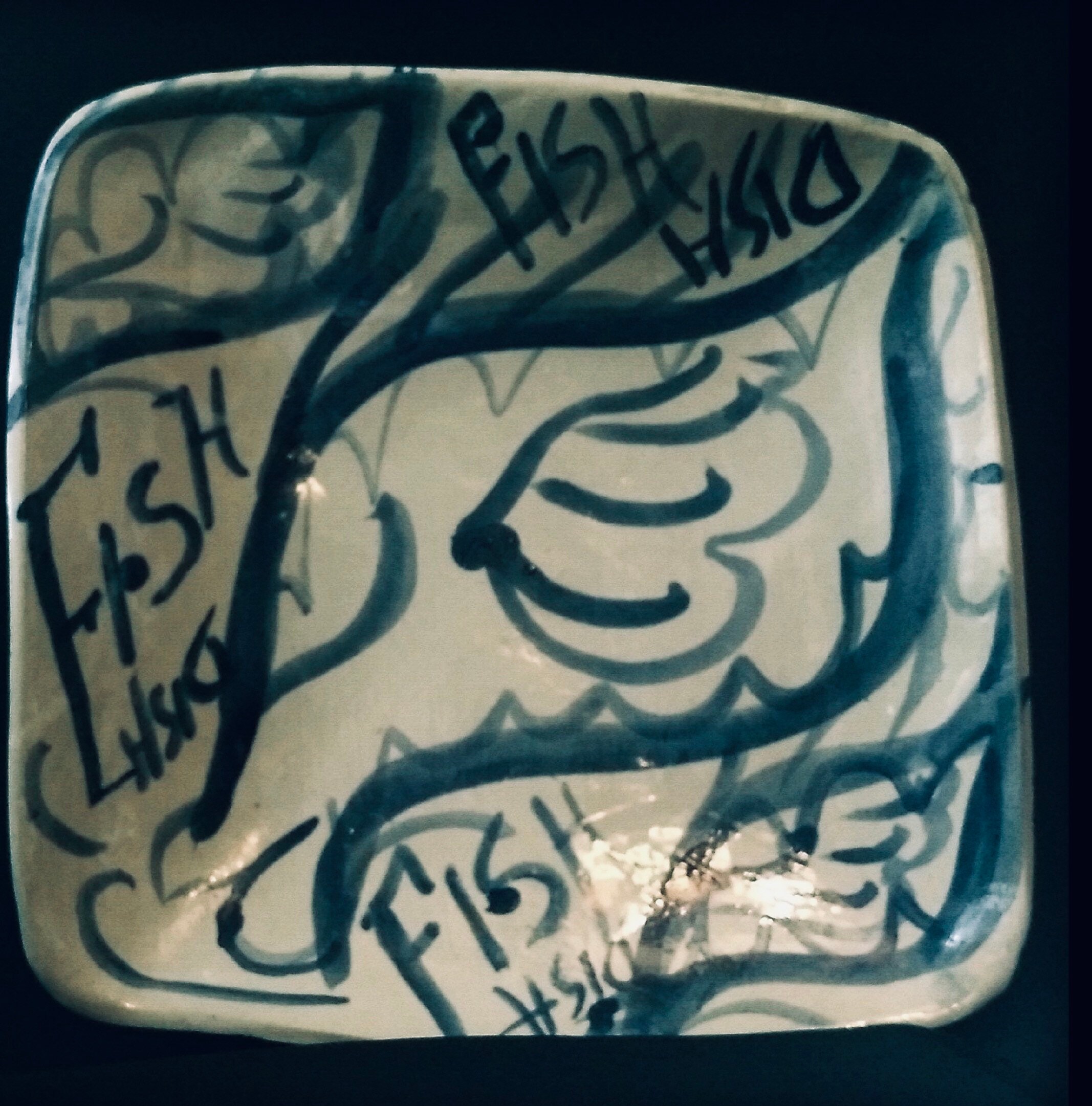 English Studio Pottery Graffiti Artwork Dish / Blue & White Kitchenalia ...