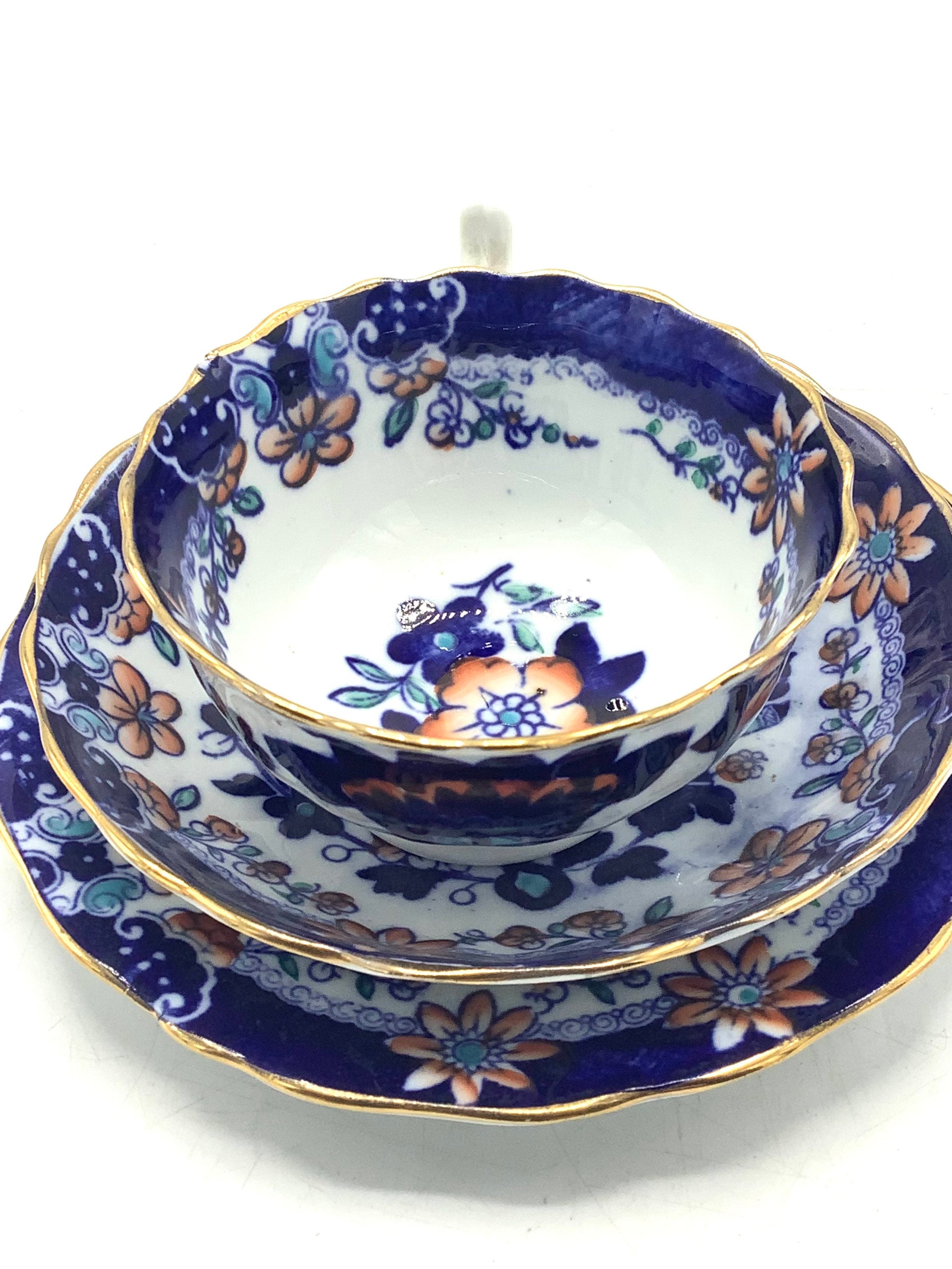 170 YEARS OLD! Antique Flow-blue & Red Tea Cup Trio by Hampton ...