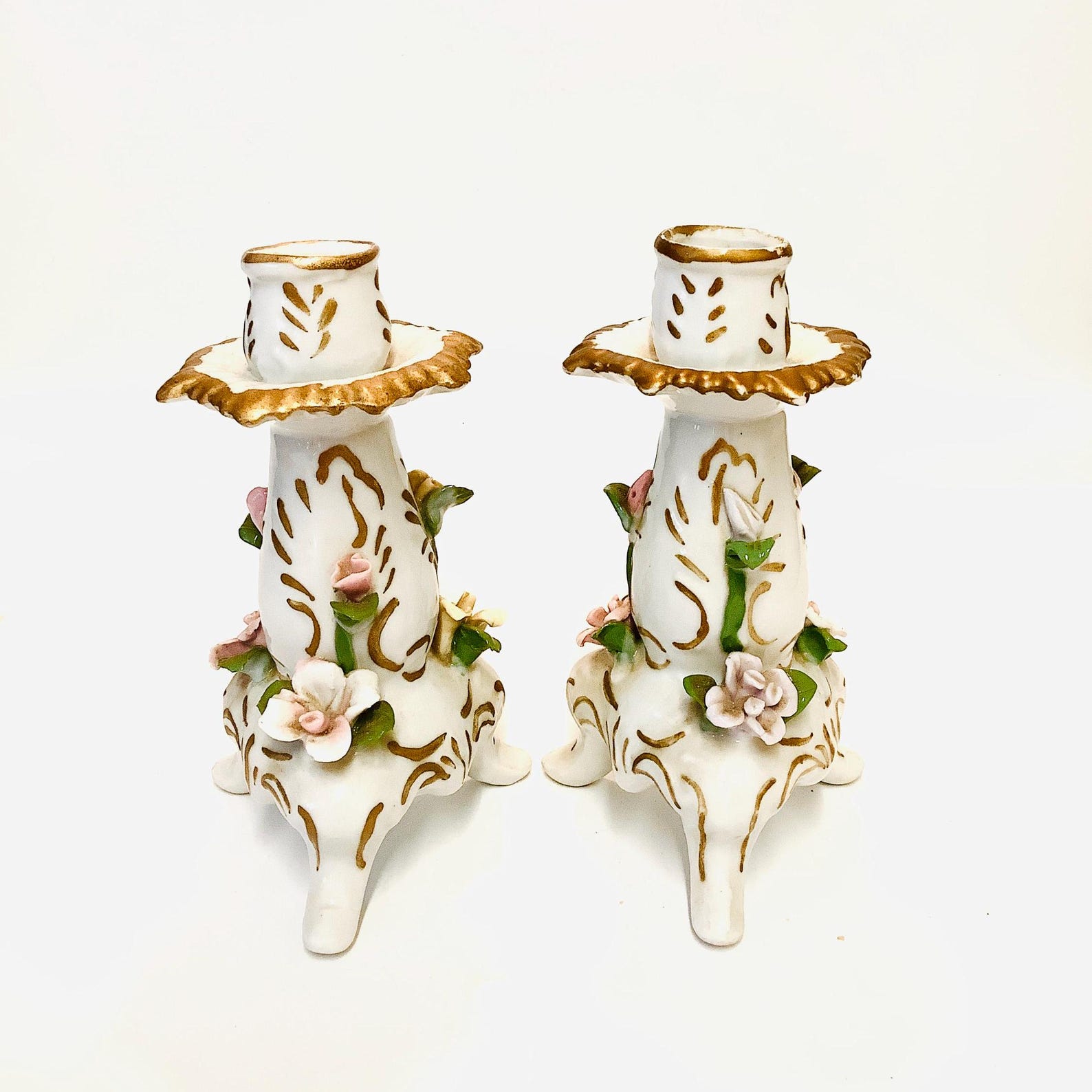 A Beautiful Pair of Early 1900’s Dresden Floral-encrusted Candleholders ...