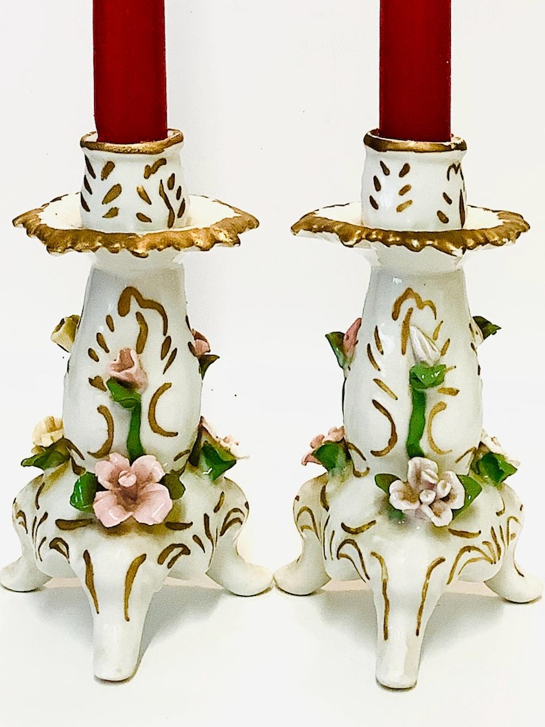 A Beautiful Pair of Early 1900’s Dresden Floral-encrusted Candleholders ...
