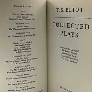 First-edition T.S ELIOT COLLECTED PLAYS in Non-price Clipped Jacket 30 ...