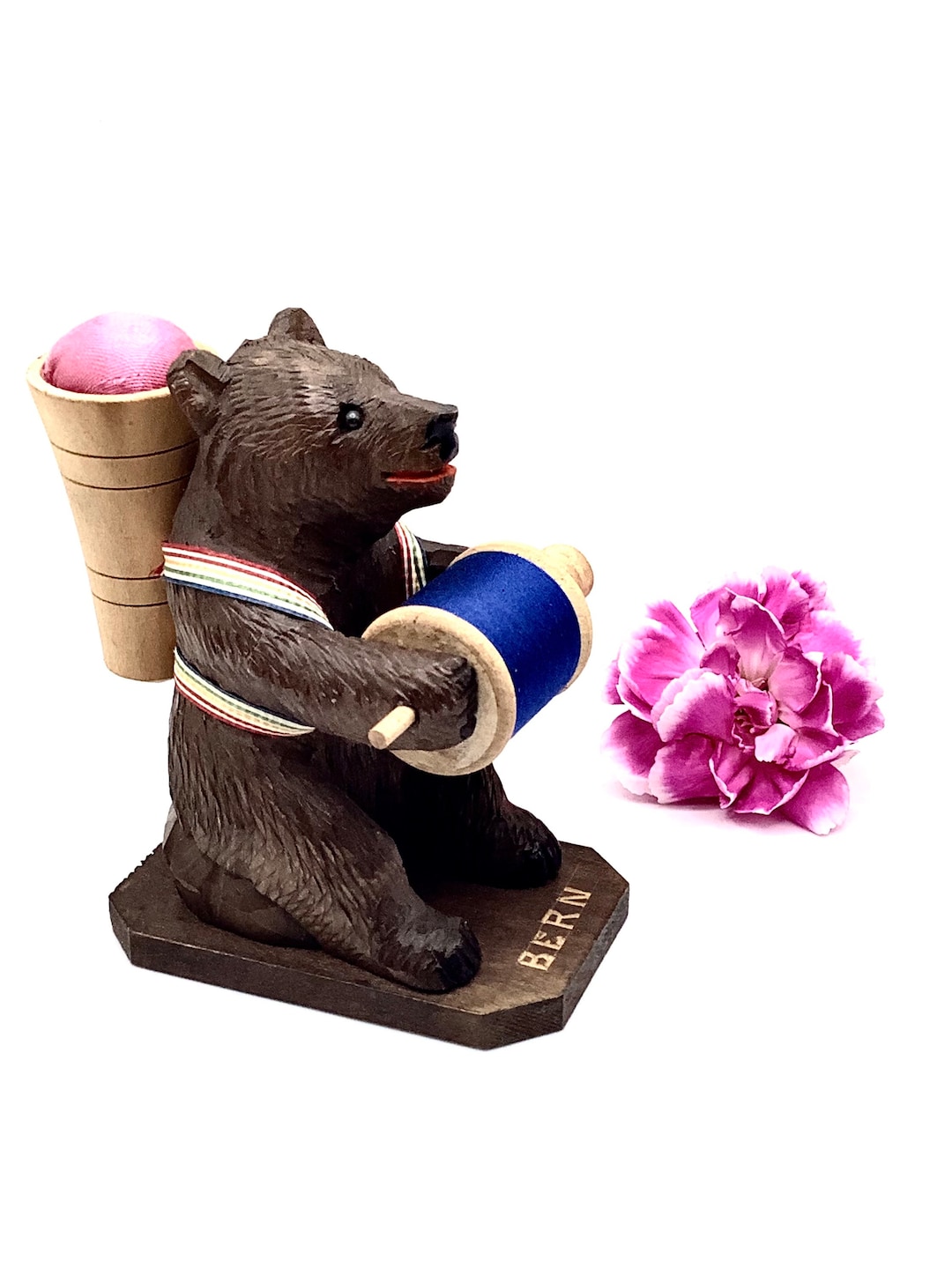 Hand-carved BLACK FOREST BEAR Haberdashery Caddy With Pin Cushion ...
