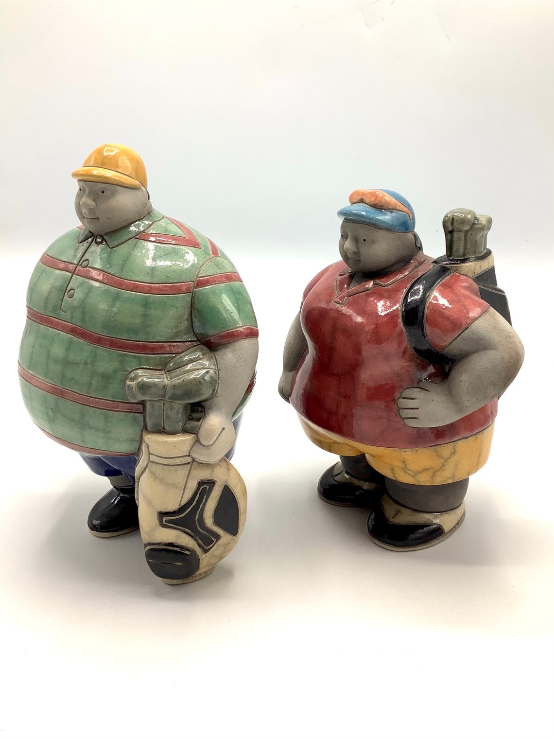 TREMENDOUS! 2 Hand-made Studio Pottery Clay Golfing Figures / Whimsical ...