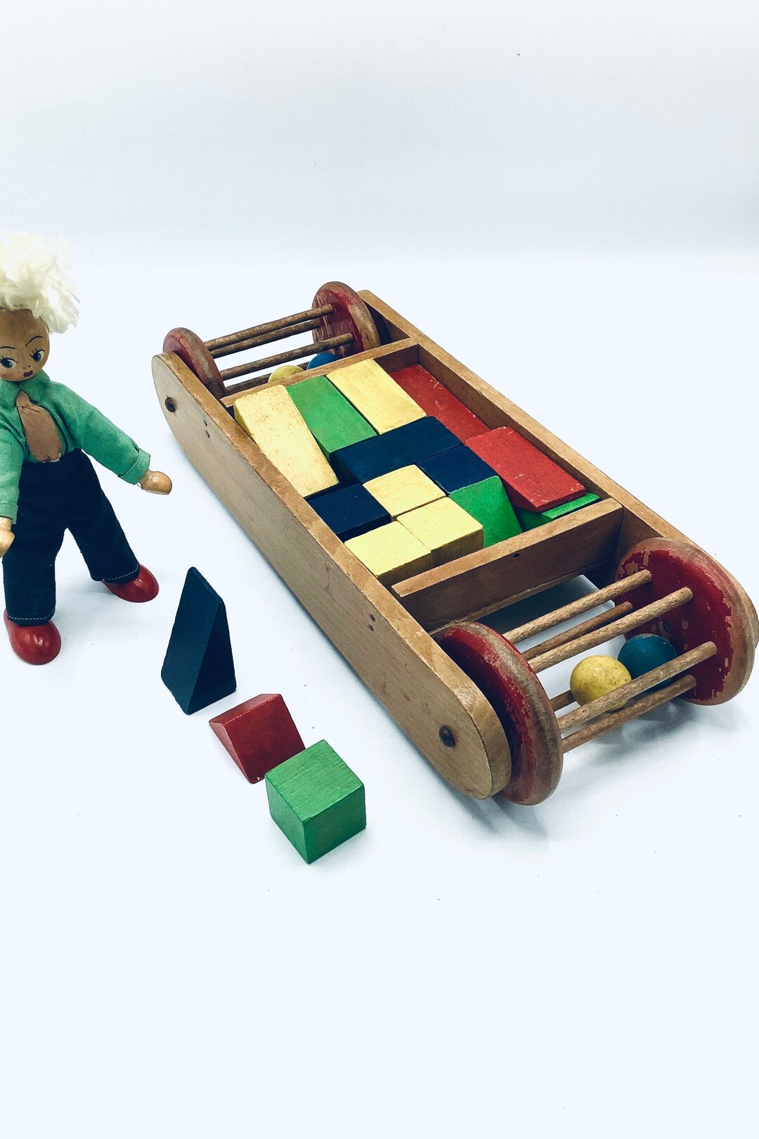 Vintage ROLL-A-LONG CART & Building Blocks / Mid-century Childrens ...