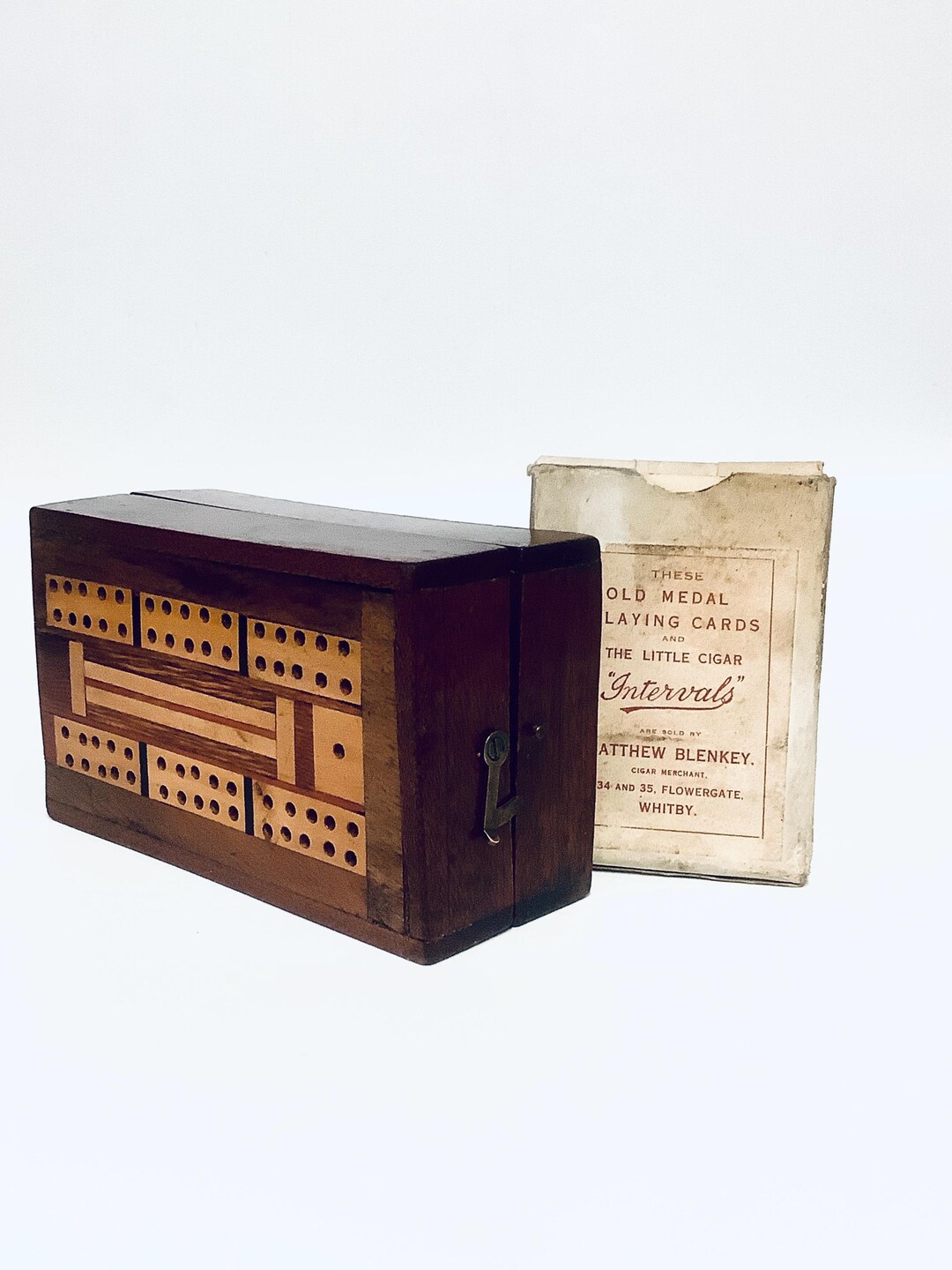 Antique Edwardian Travel Cribbage Box + Rare Pack of Intervals Cards ...