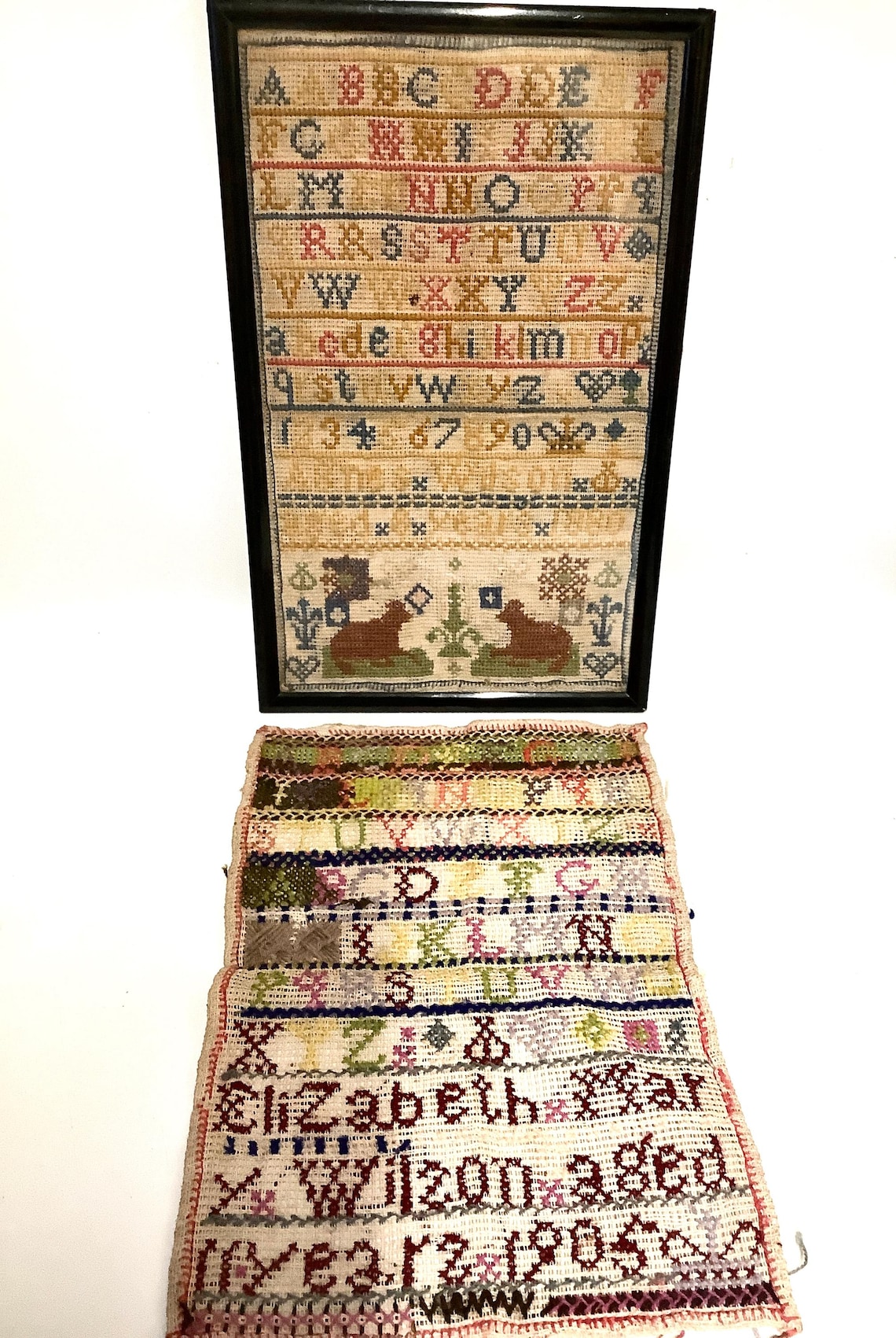 PAIR of VICTORIAN SAMPLERS: One by Agnes Wilson Aged 8 Dated 1880 ...